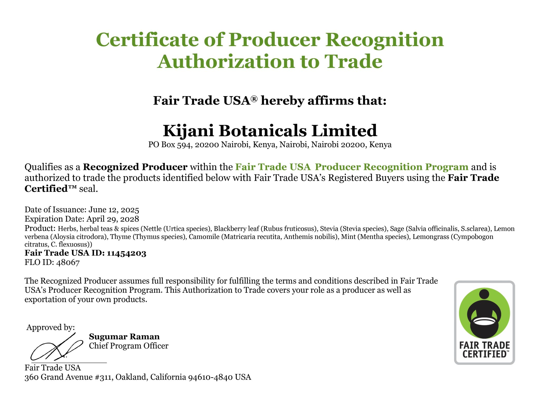 Certifications - Kijani Botanicals Limited